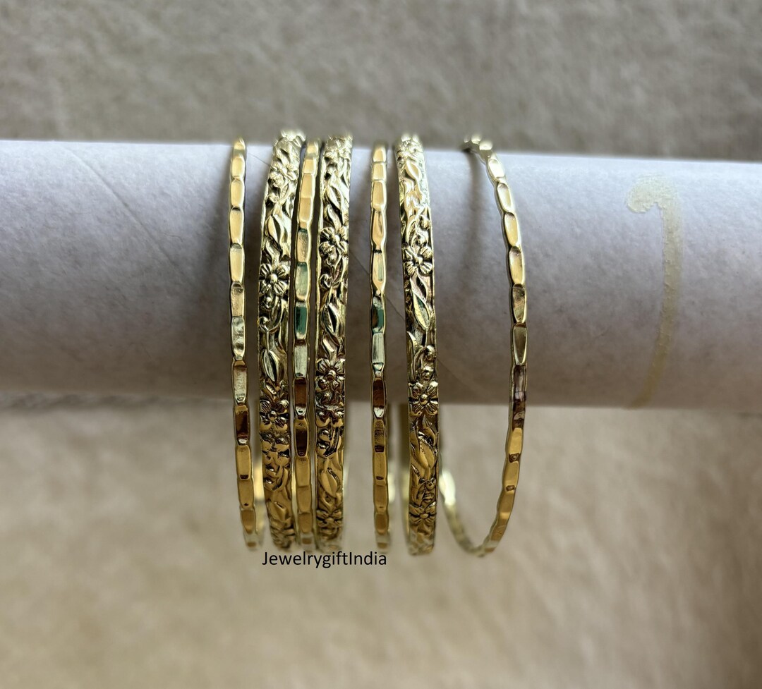 Handmade Brass Bangle Set: 7 Stacking Bangles, Floral Design - Etsy