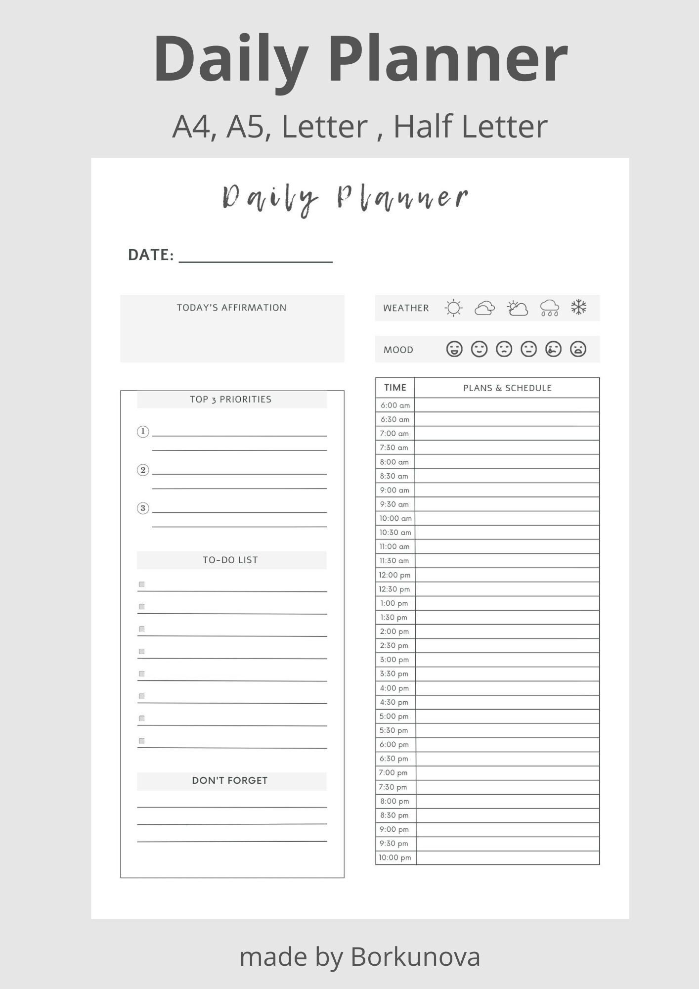Printable/digital Fillable Half-hour Planner , Daily to Do List ...