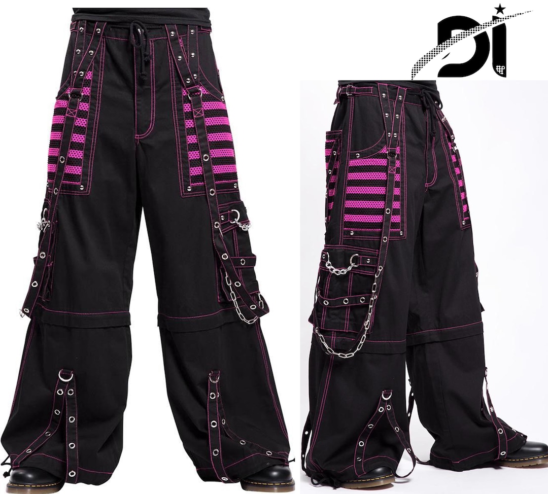 Unisex Gothic Hot Pink Threads & Mesh Panel Pant Black Punk Buckle Zips Chain Strap Punk ...