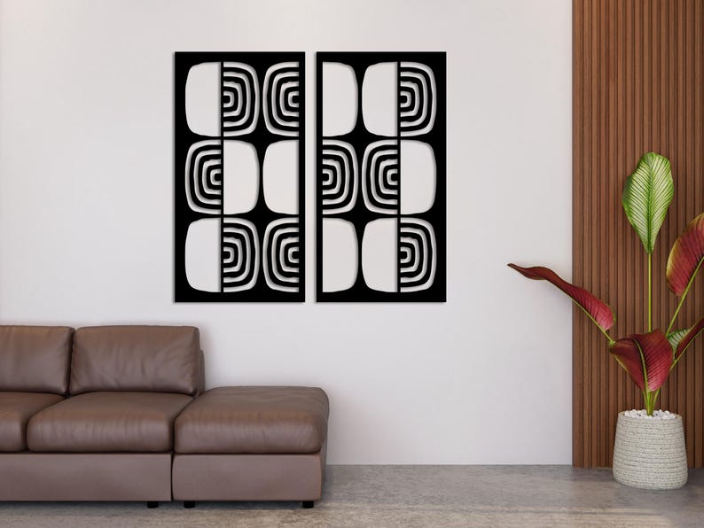 Set of 2 Mid Century Modern Geometric Metal Wall Art – Black Abstract ...