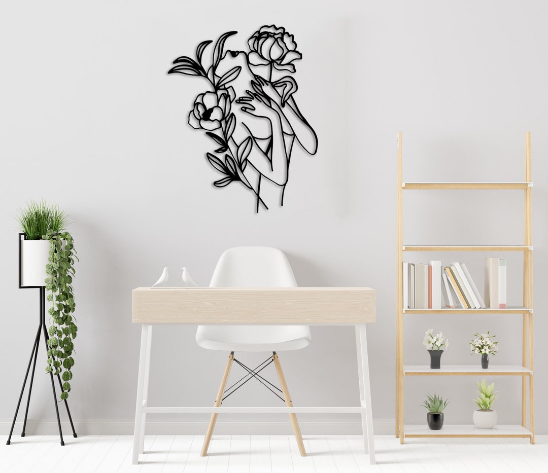 Female Figure & Flowers Metal Wall Art: Modern Line Art Deco - Etsy