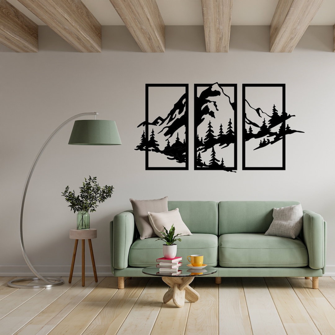 Mountain and Forest Metal Wall Art, 3 Pieces Mountain Range View Wall ...