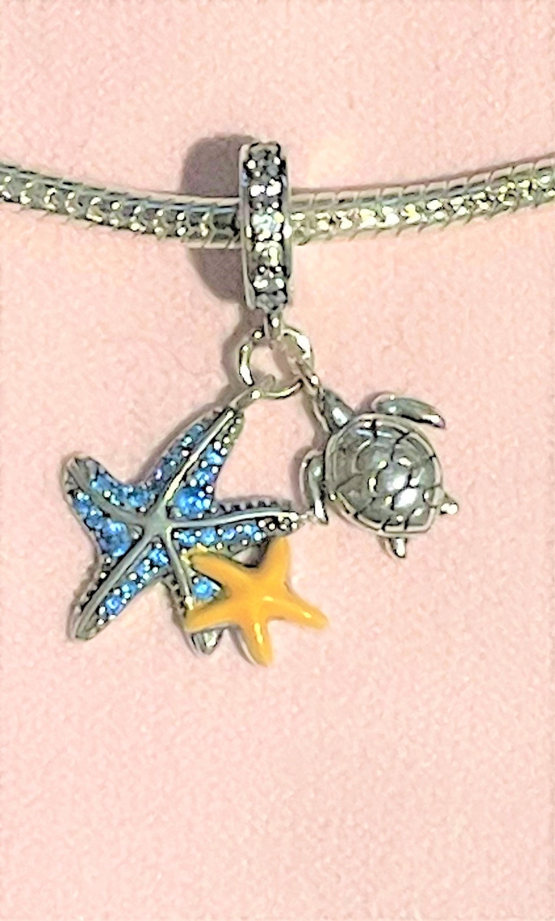 Sea Turtle Starfish Charm , Fits Pandora Bracelets , Sea Turtle and CZ ...