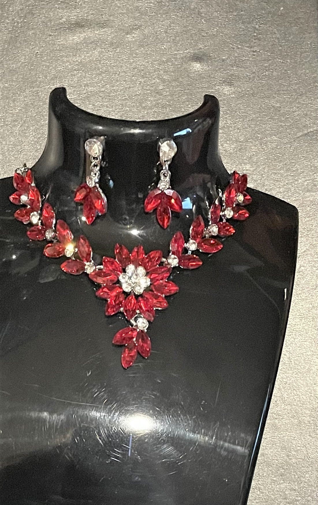 Red Crystal Flower Statement Jewelry Set , Red Crystal Necklace and ...