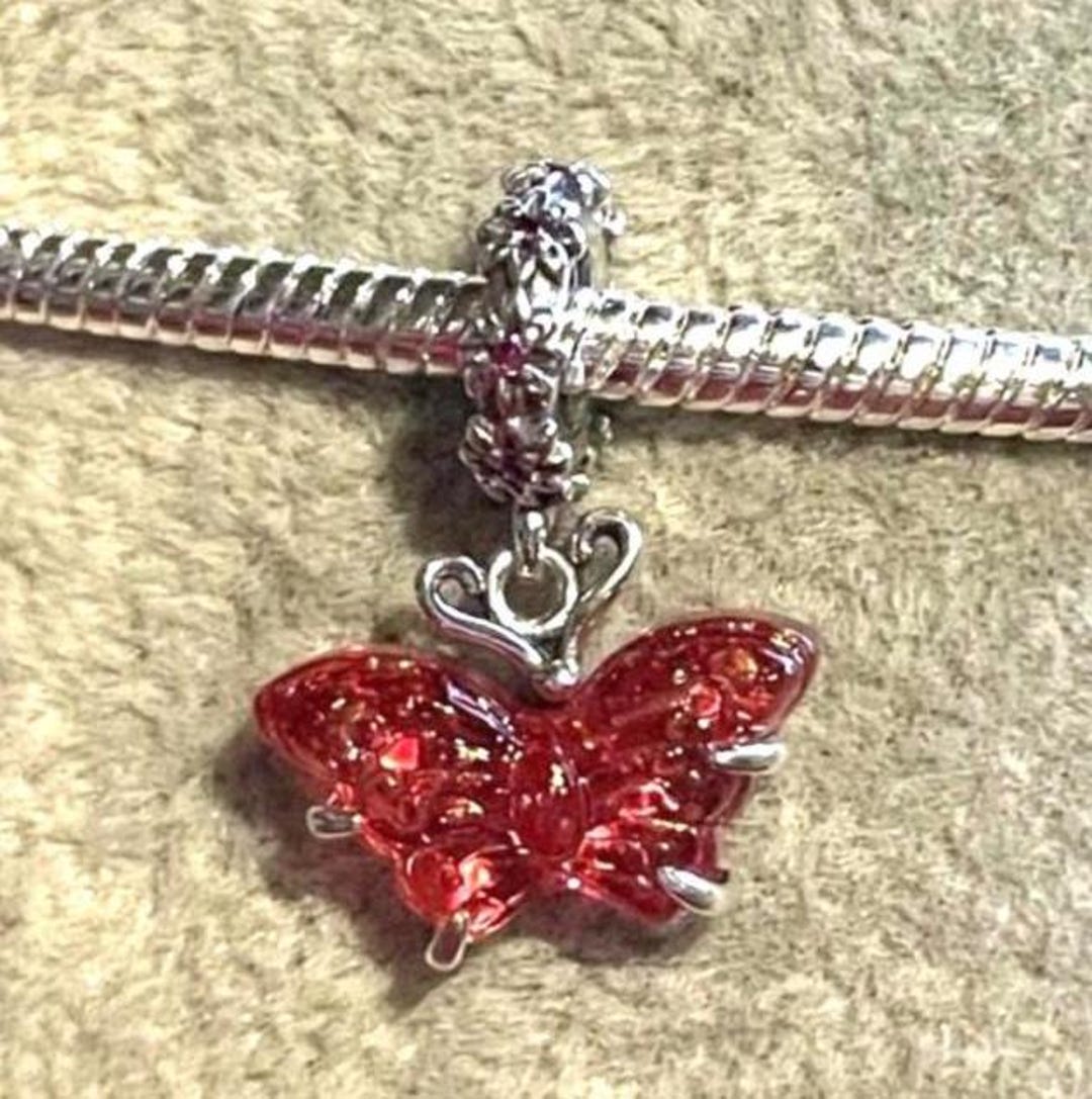 Red Murano Glass Butterfly Dangle Charm , Charm Fits Pandora Bracelet ...
