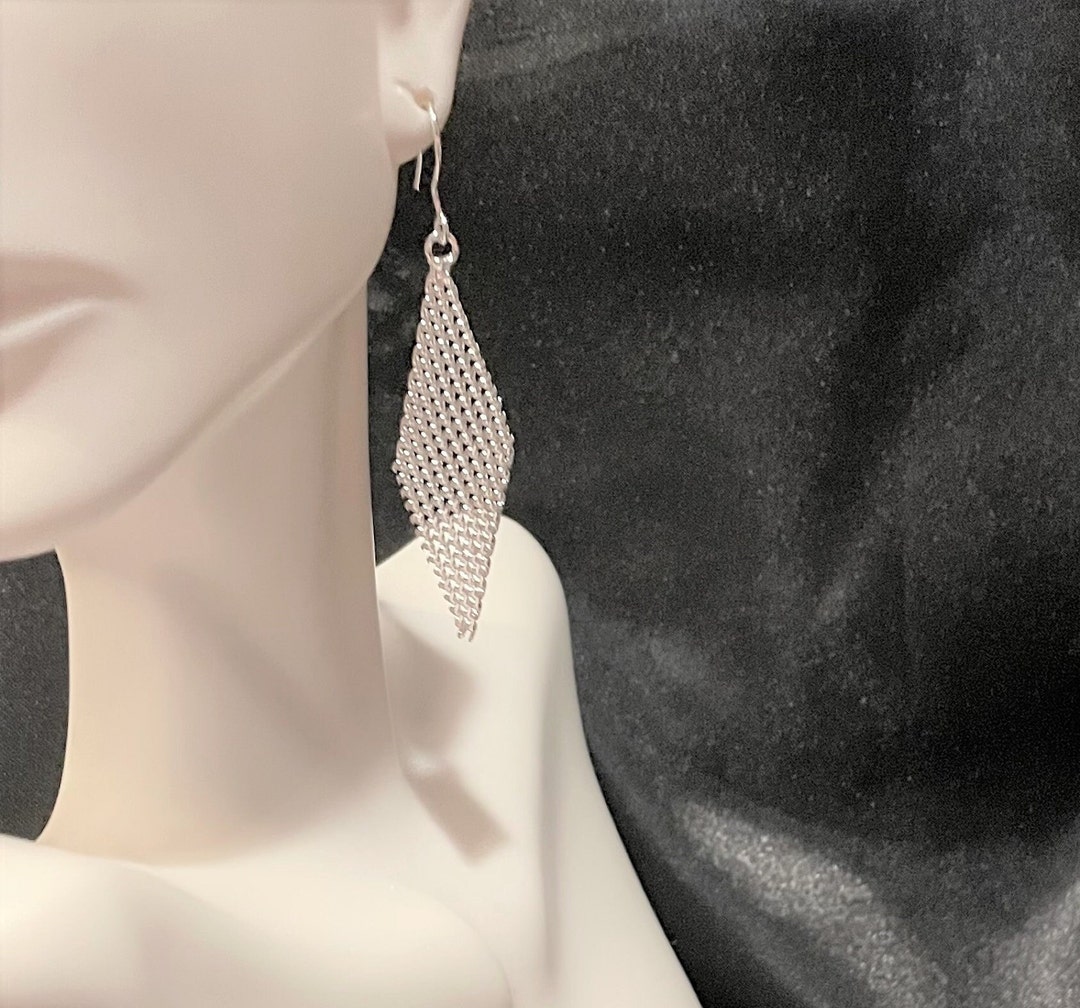 Silver Mesh Dangle Earrings , Mesh Triangle Earrings , Diamond Shaped ...
