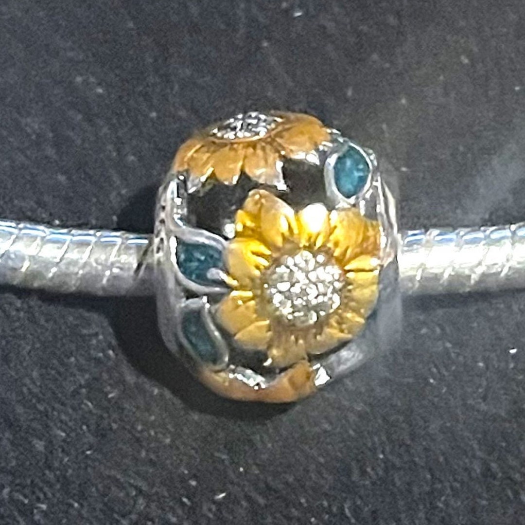 Sunflower Charm Bead for Bracelets , Golden CZ Sunflower Charm ...