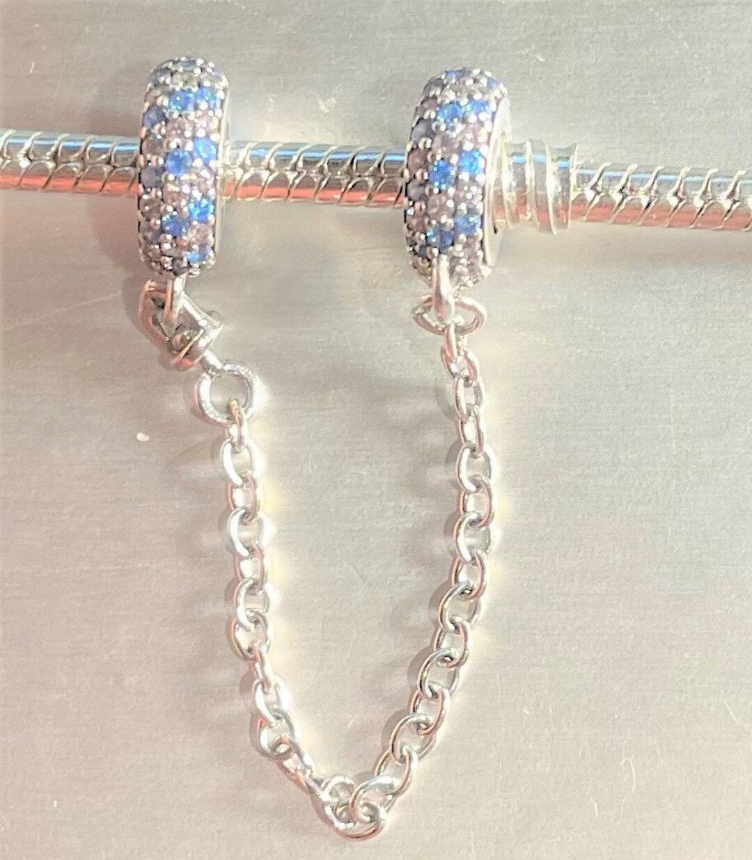 Pave Inspiration Blue & Clear CZ Charm Safety Chain Fits Pandora ...
