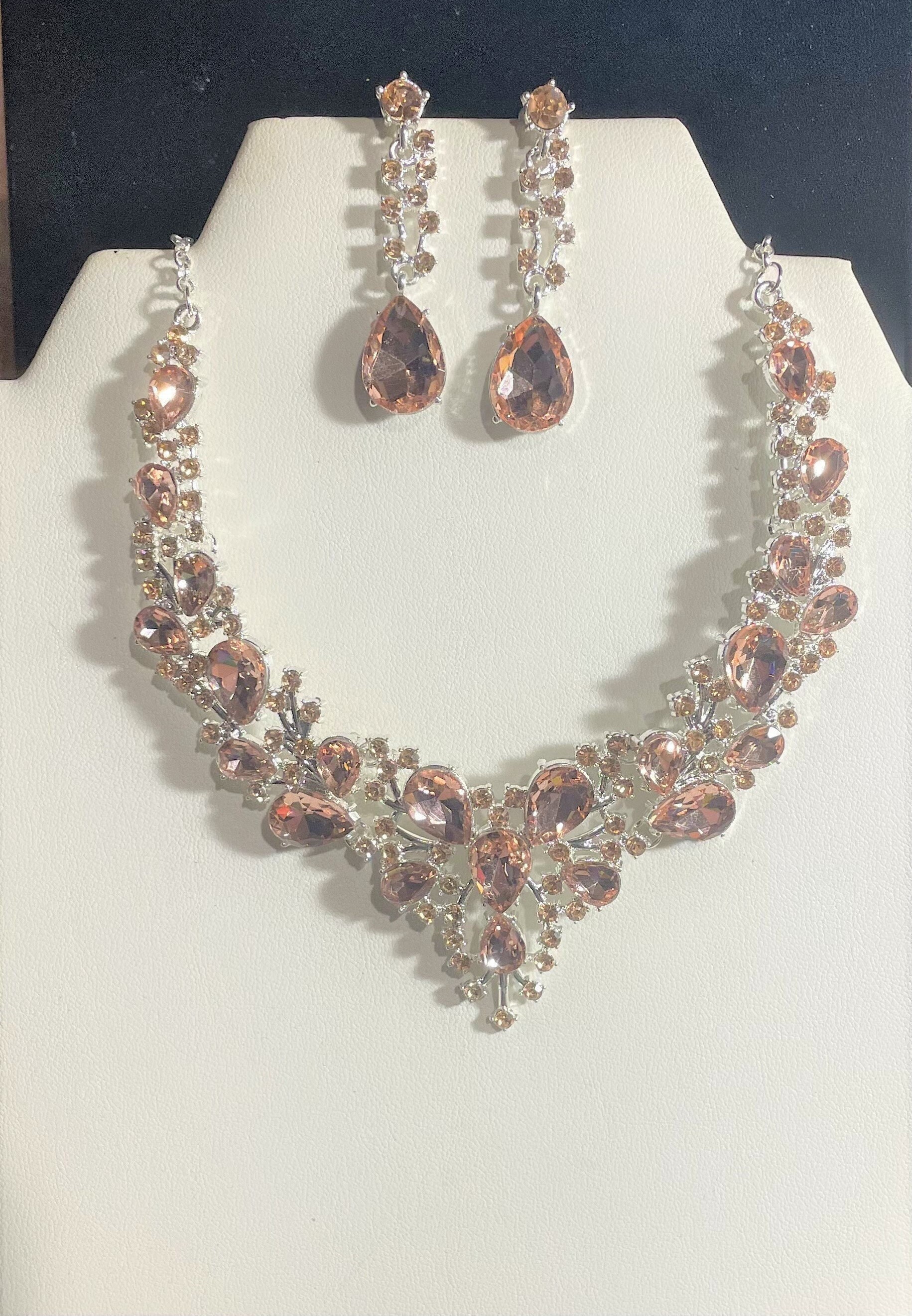 Chunky Peach Crystal Statement Jewelry Set , Peach Crystal Bib Choker ...