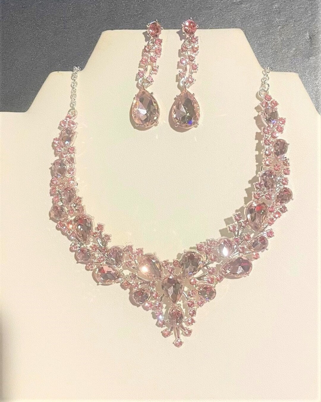 Chunky Pink Crystal Statement Jewelry Set , Pink Crystal Bib Choker ...