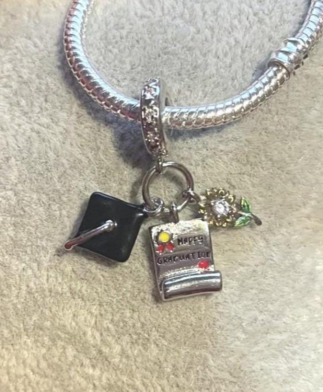 Graduation Diploma Cap Sunflower Triple Dangle Charm ,fits Pandora Bracelets,925 Sterling Silver ...