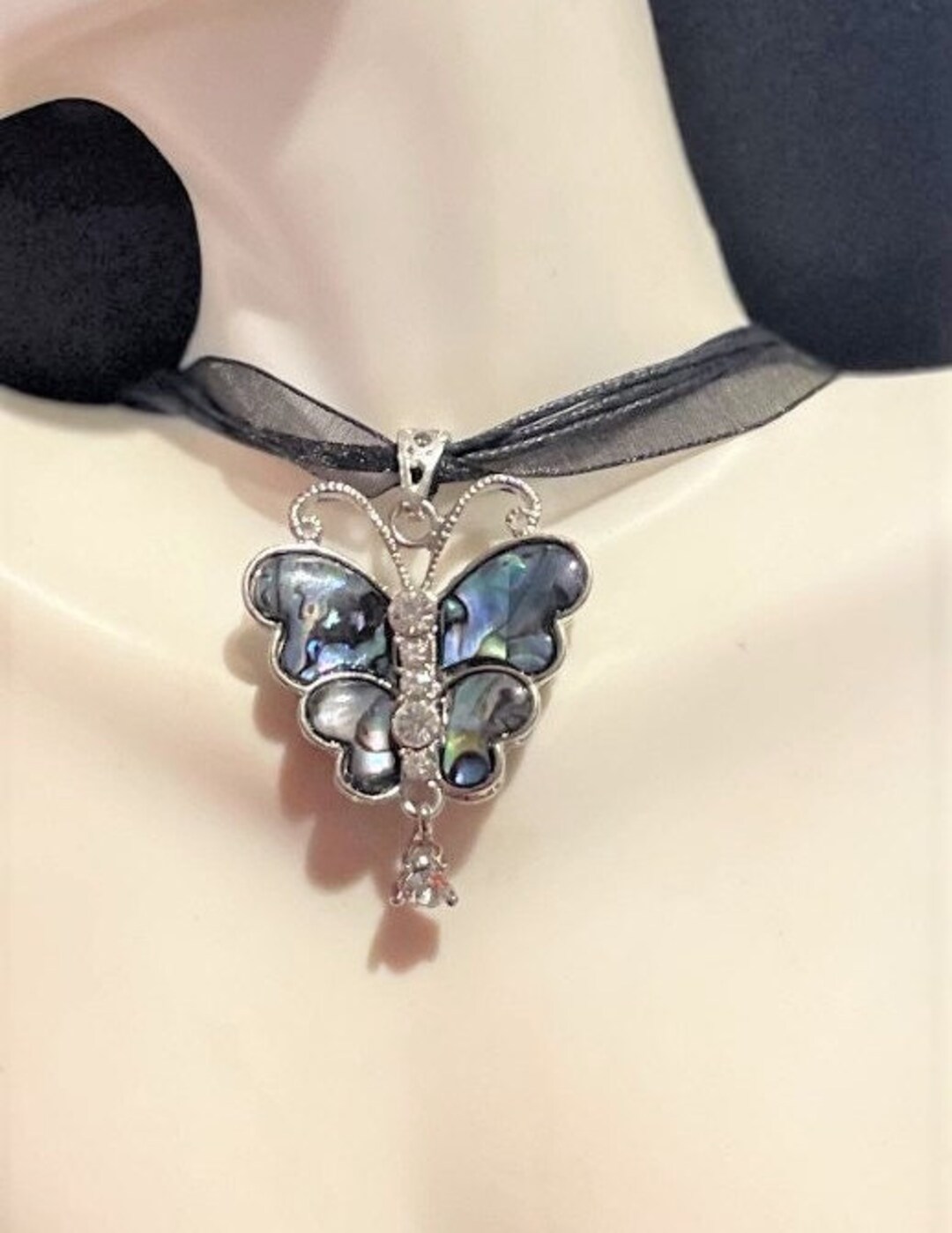 Natural Paua Abalone Shell 3D Butterfly Necklace , Crystal , Organza ...