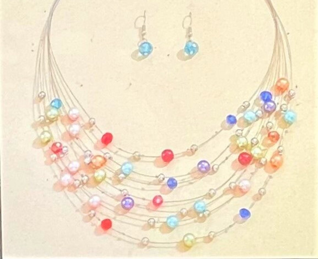 Multi Layer Beaded Necklace and Earrings Set , Multi Color Boho Jewlery ...