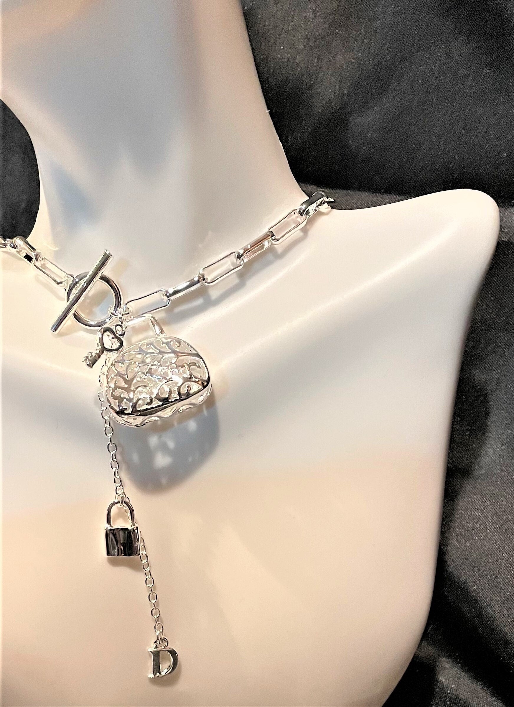 Silver Puffed Handbag Lock and Key Necklace and Bracelet Set ...