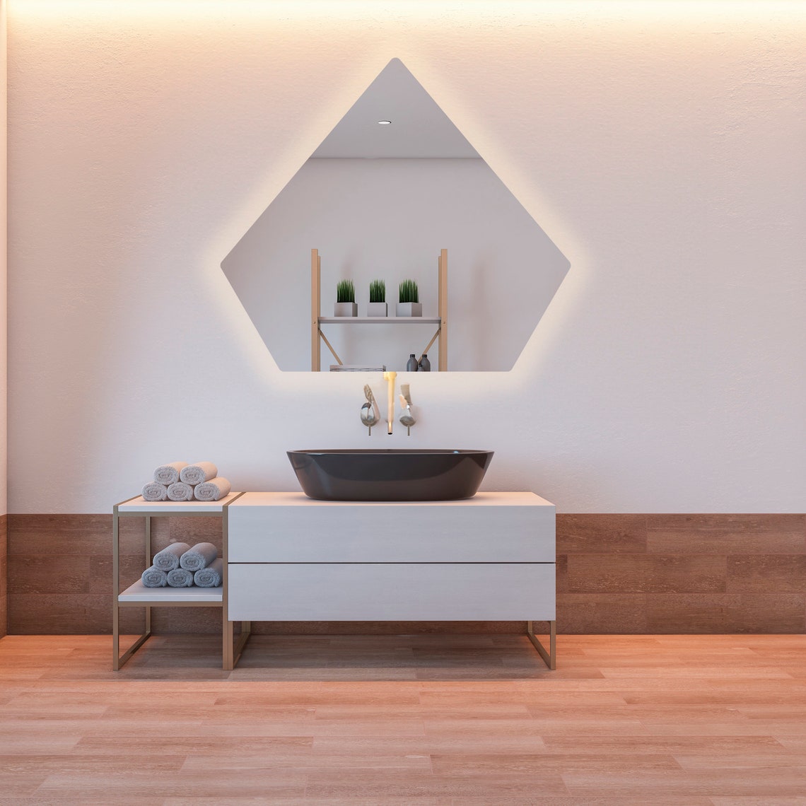 Stylish LED Bathroom Mirror, Diamond Shaped Wall Decor, Large Lighted ...