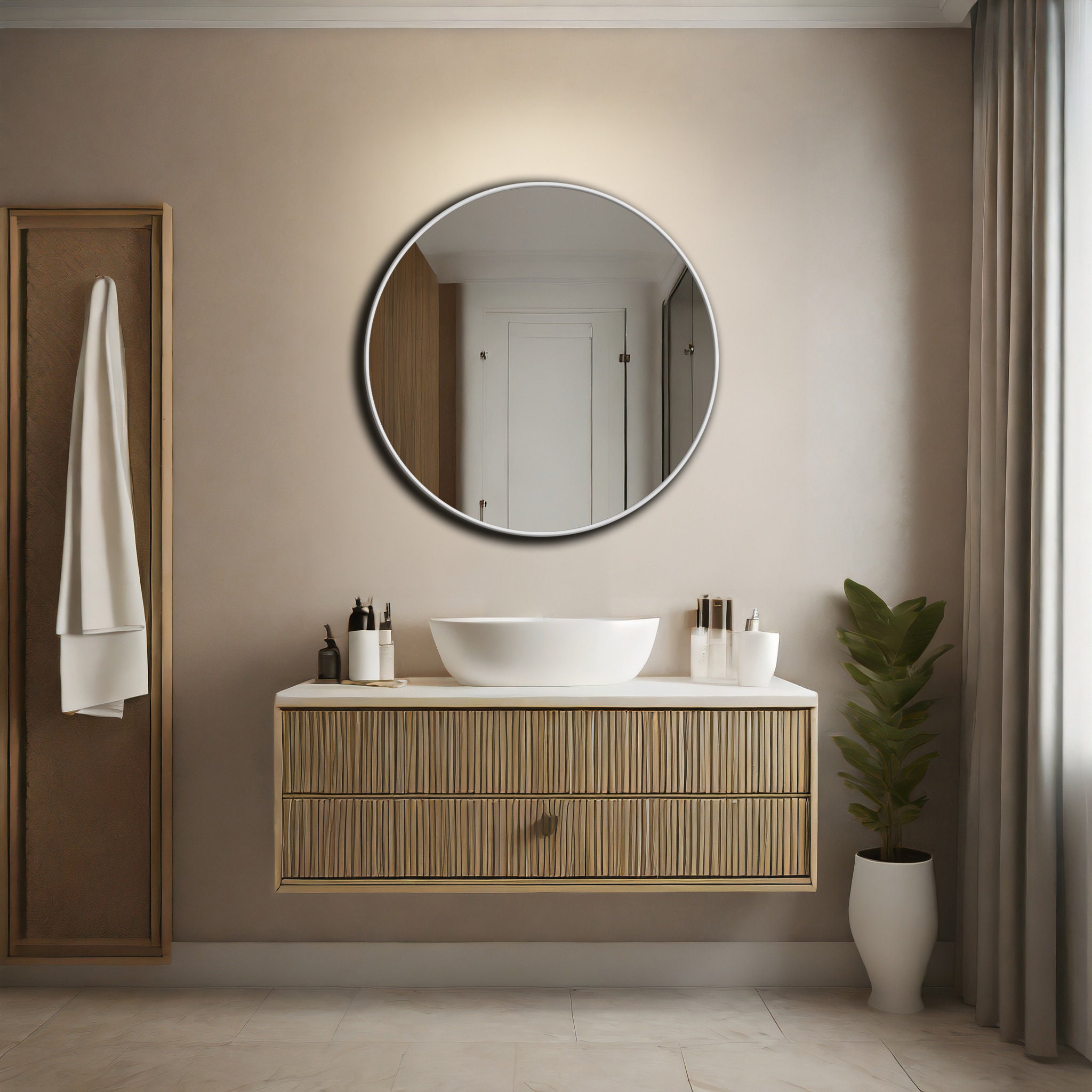 Modern Round Mirror Decor, Circle Wood Bathroom Mirror, Round Aesthetic ...