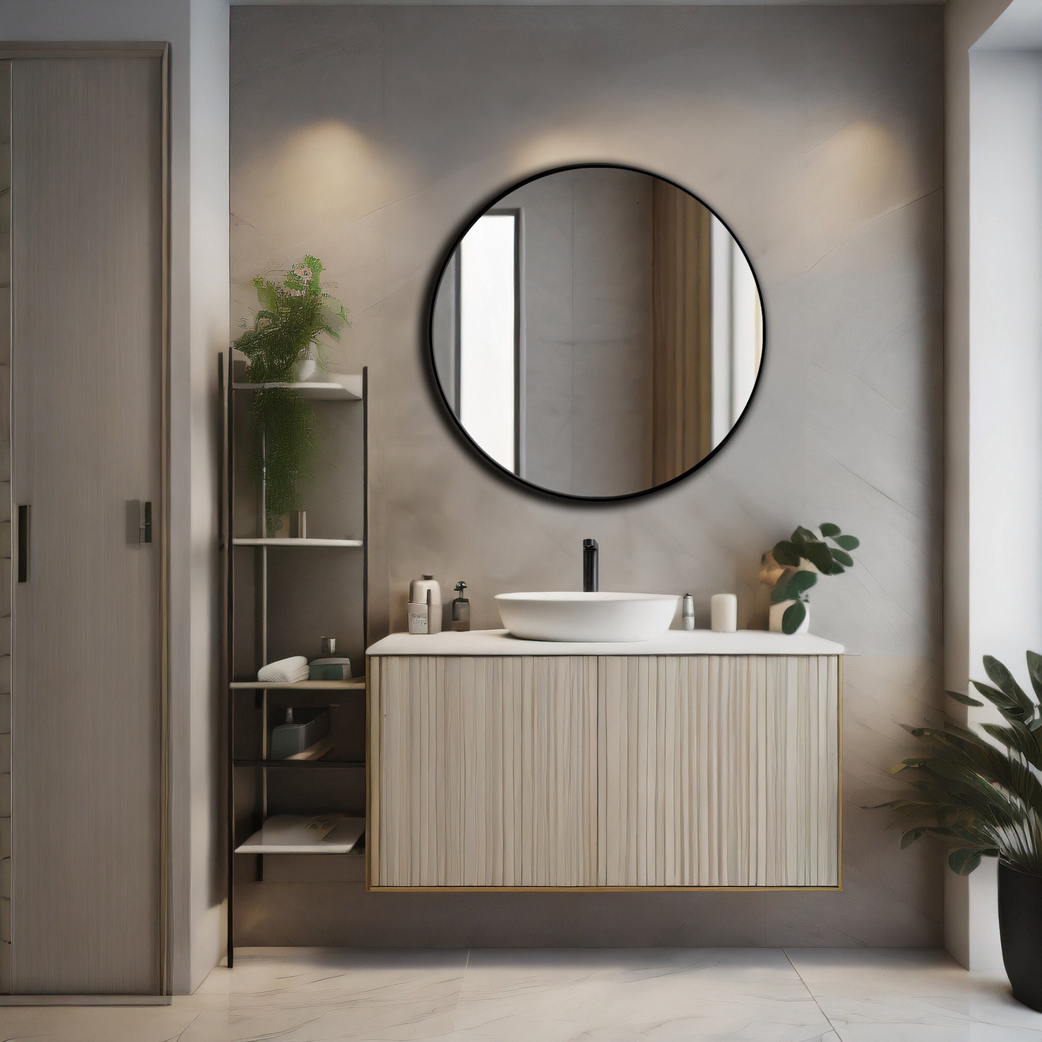 Modern Round Mirror Decor, Circle Wood Bathroom Mirror, Round Aesthetic ...