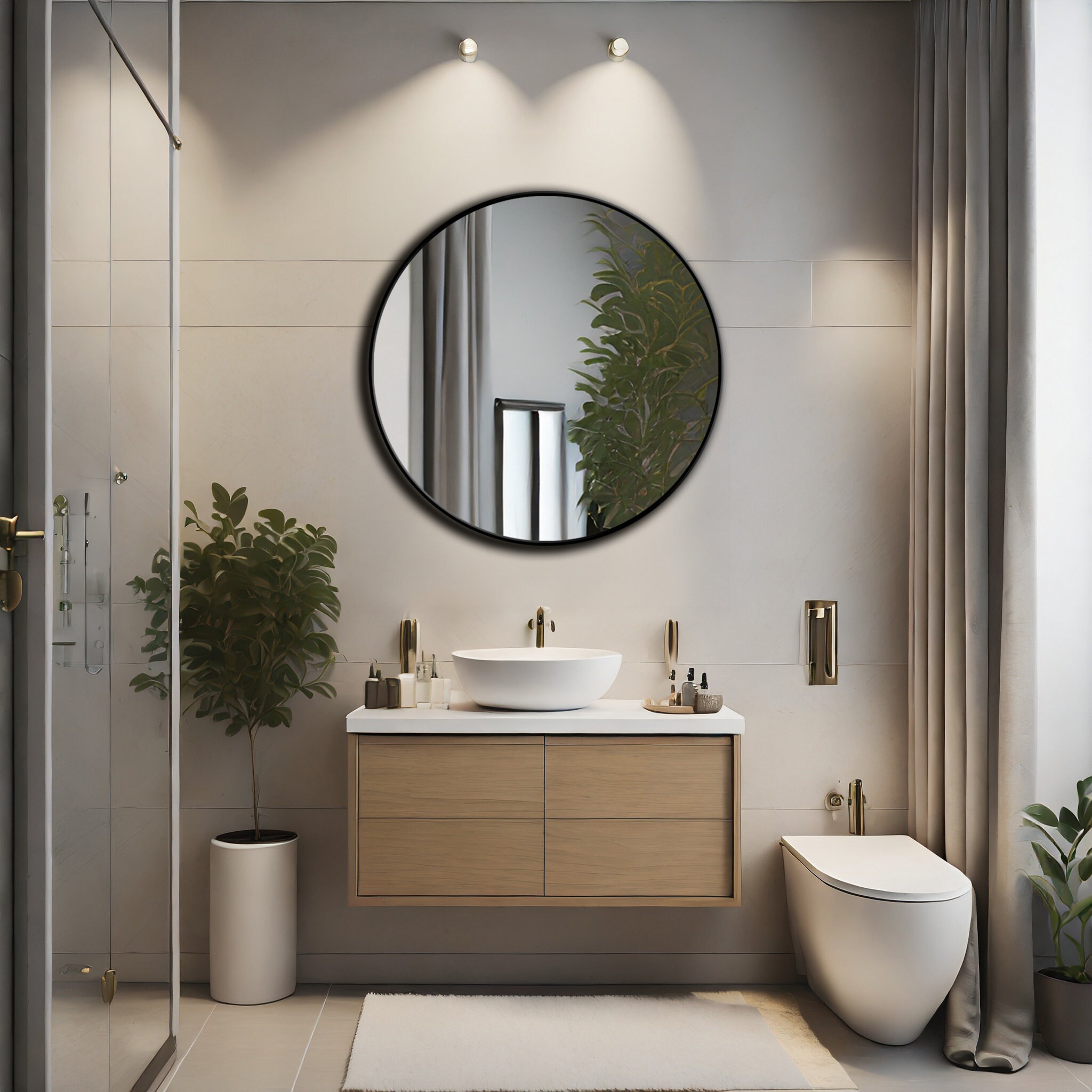 Modern Round Mirror Decor, Circle Wood Bathroom Mirror, Round Aesthetic ...