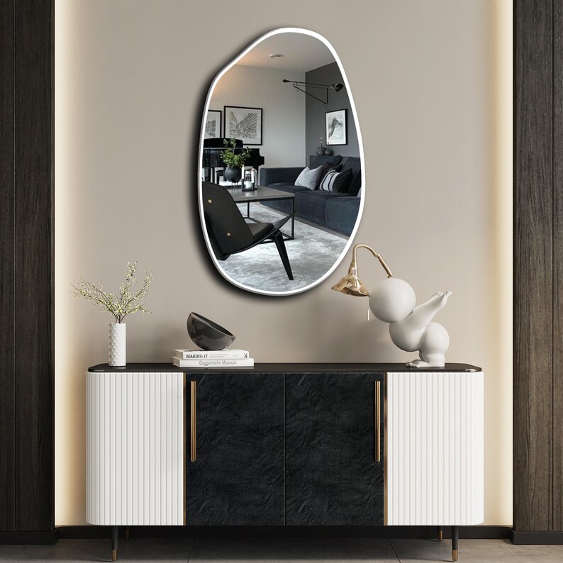 Gold Framed Irregular Mirror, Modern Asymmetrical Bathroom Mirror, Home ...