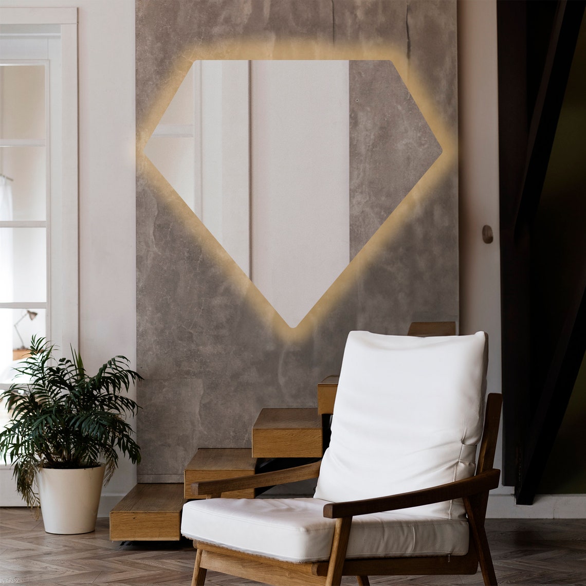 Stylish LED Bathroom Mirror, Diamond Shaped Wall Decor, Large Lighted ...