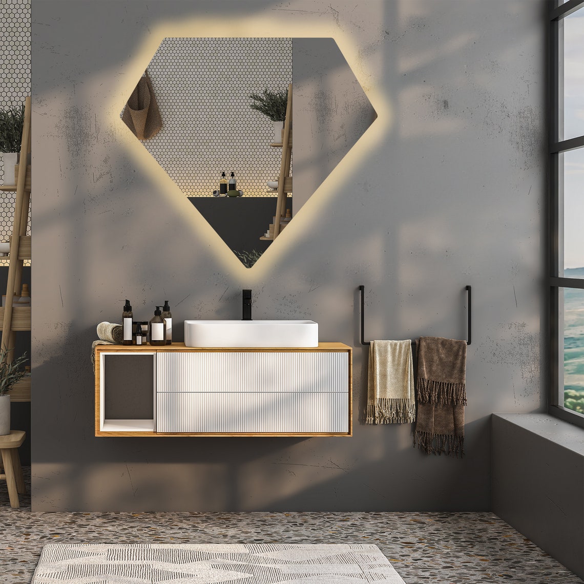 Stylish LED Bathroom Mirror, Diamond Shaped Wall Decor, Large Lighted ...