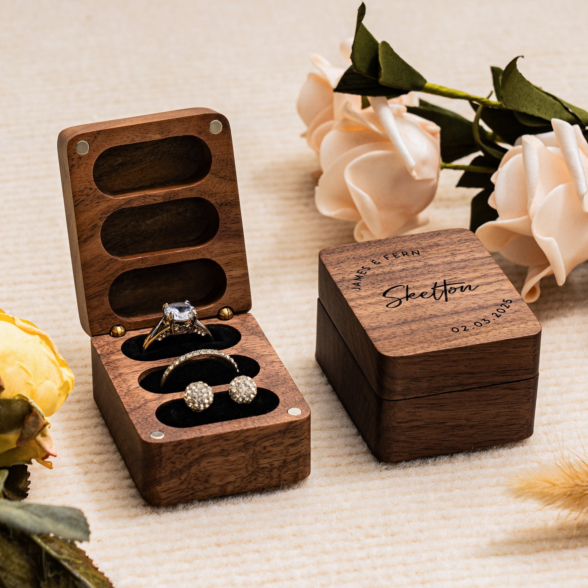Custom Engraved Wooden Ring Box, Personalized Engagement Three Slots ...