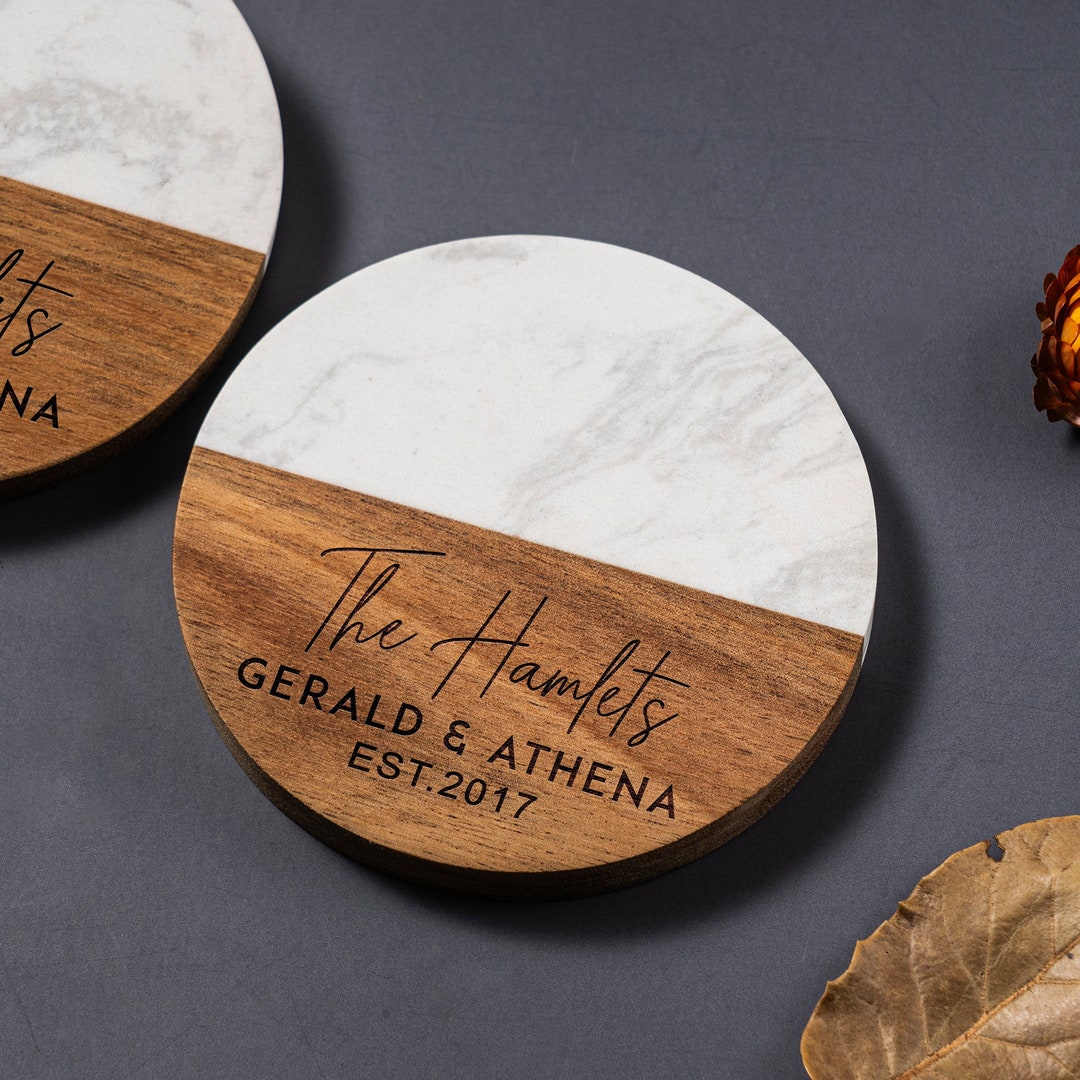 Personalized Marble Wood Coasters, Custom Coasters, Engagement Wedding ...