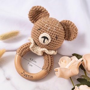 Crochet Toy Rattle for Babies, Personalized Baby Shower Gift, Wooden ...