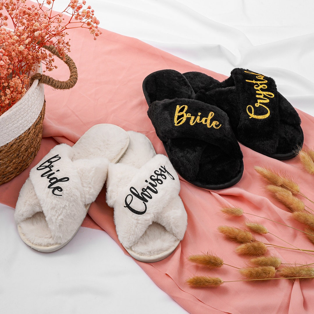 Custom Bride Slippers, Bridal Shower Gift,fluffy Bride Bridesmaid ...