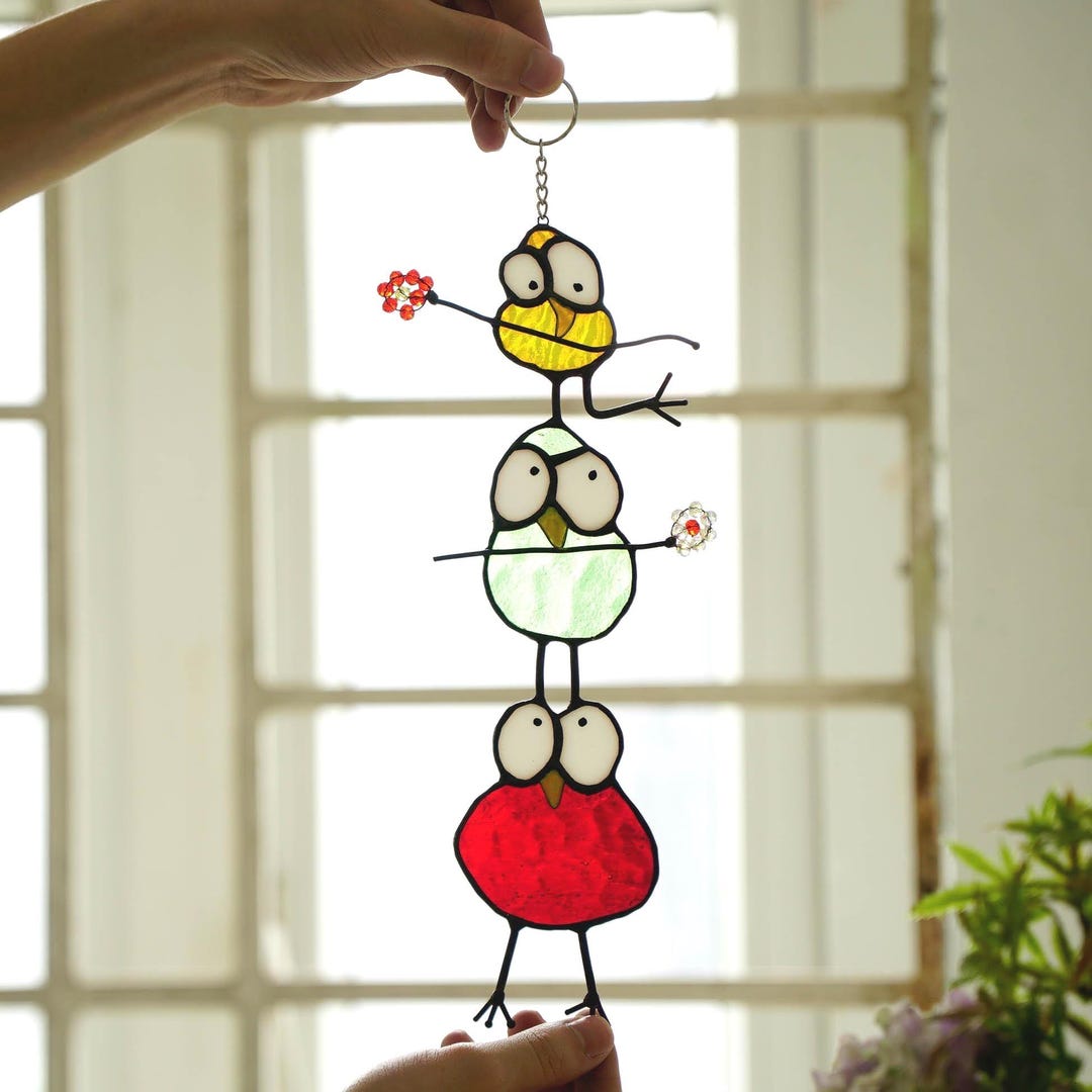 Funny Stained Glass Bird Family Suncatcher – Whimsical Window Decor ...