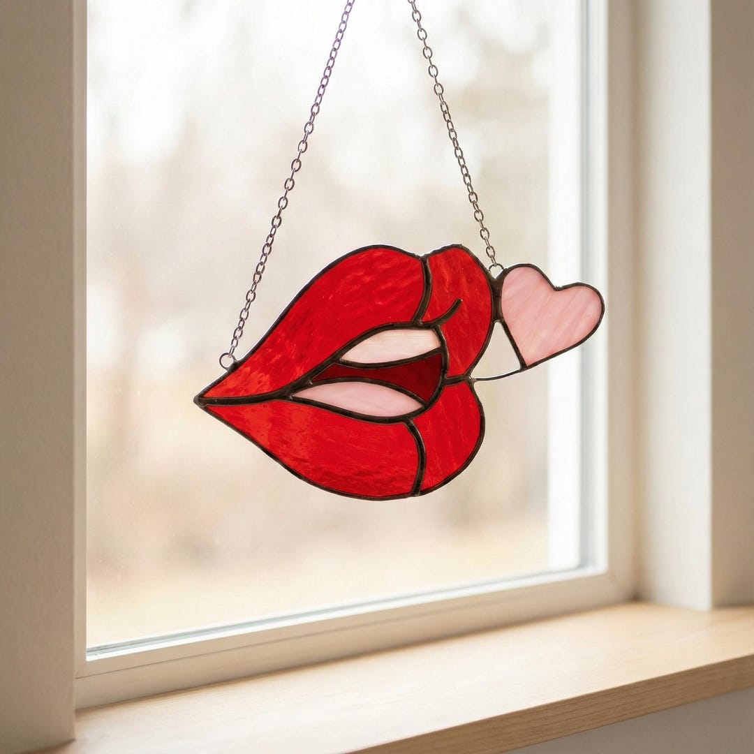 Stained Glass Lips Suncatcher With Heart, Romantic Window Hanging - Etsy
