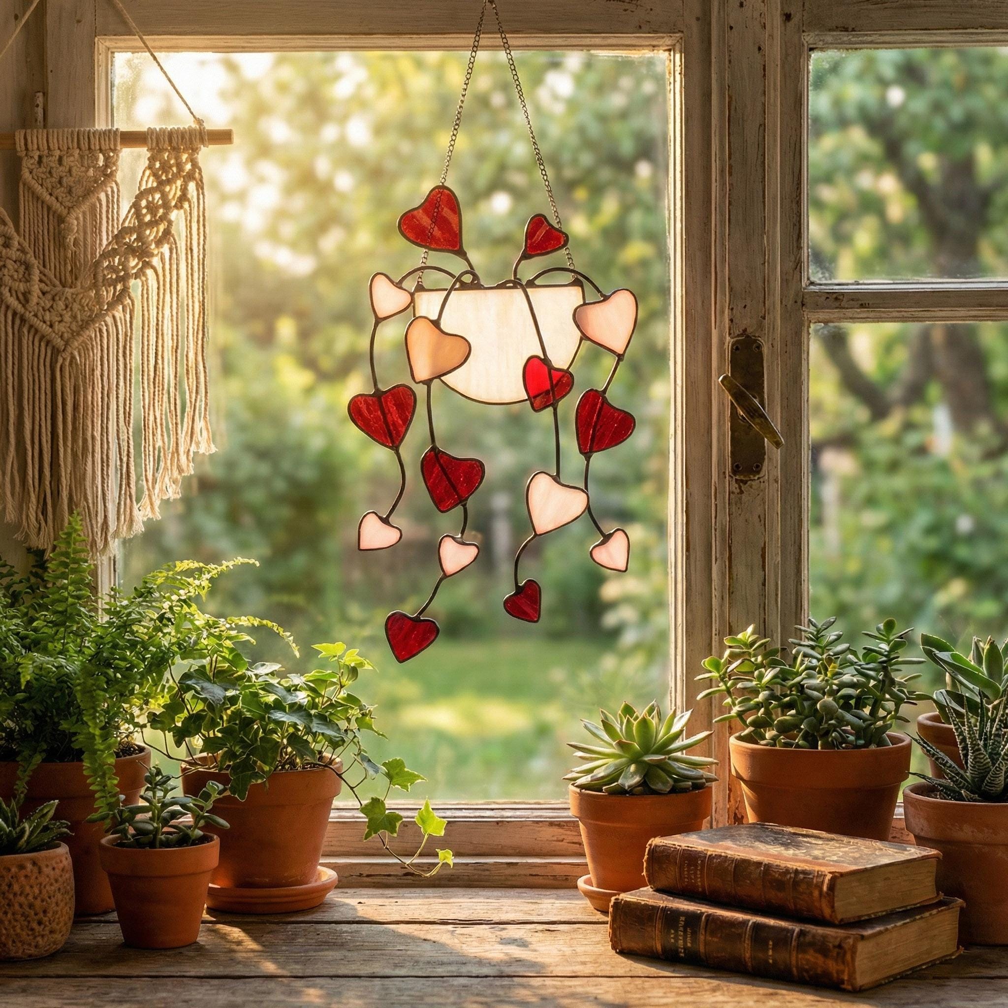 Stained Glass Heart Suncatcher, Cascading Hearts Window Hanging Decor ...