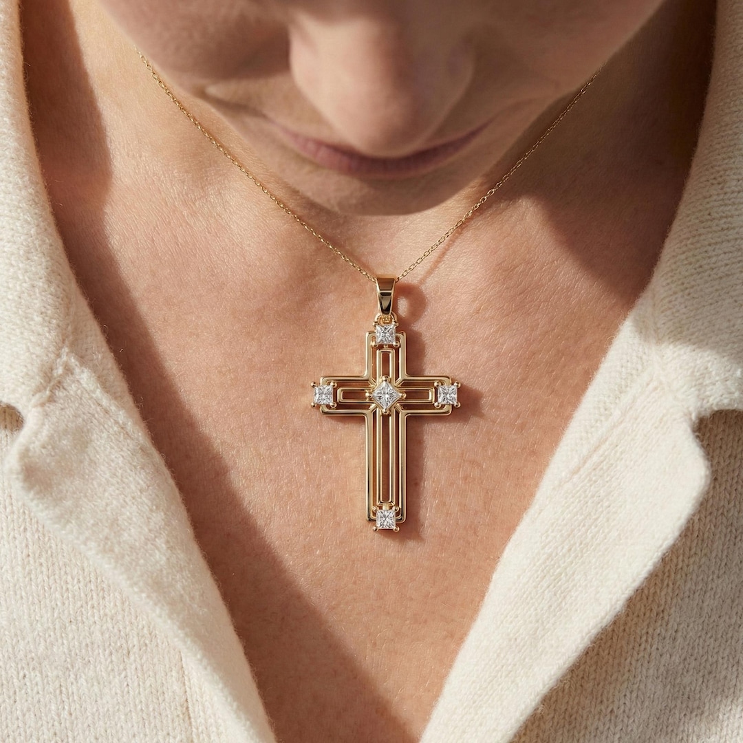 Modern Framework Geometric Cross Pendant in 14k Solid Gold, 0.32 TCW ...