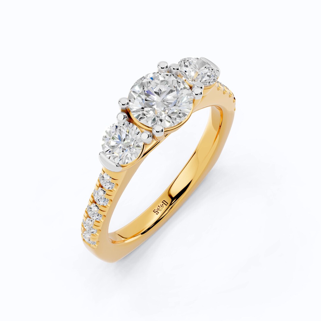14k Yellow Gold Ring, Three Stone Wedding Ring, 0.80 CT Round Cut FG ...