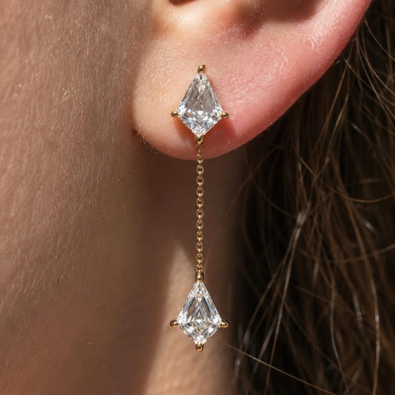 Kite Cut Lab Grown Diamond Drop Earrings, 14K Gold Chain, Modern ...
