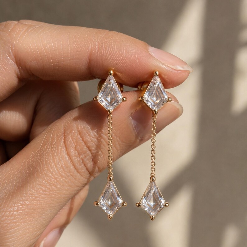 Kite Cut Lab Grown Diamond Drop Earrings, 14K Gold Chain, Modern ...