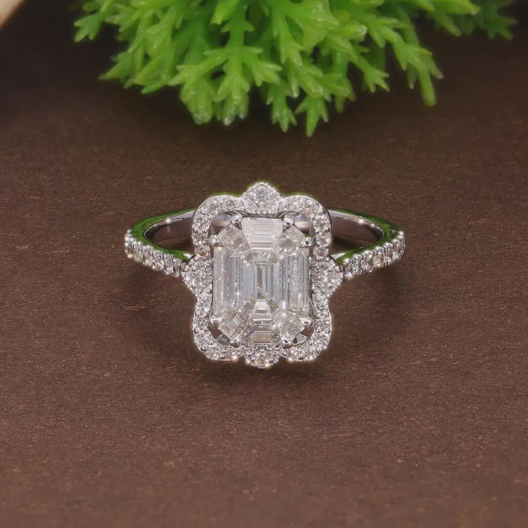 Emerald Cut Illusion Setting Natural Diamond Ring, 10K Gold Halo ...