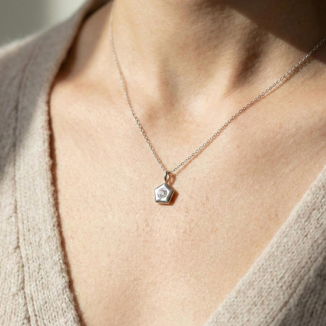 Modern Minimal Pentagon Frame Solitaire Everyday Pendant Necklace in ...