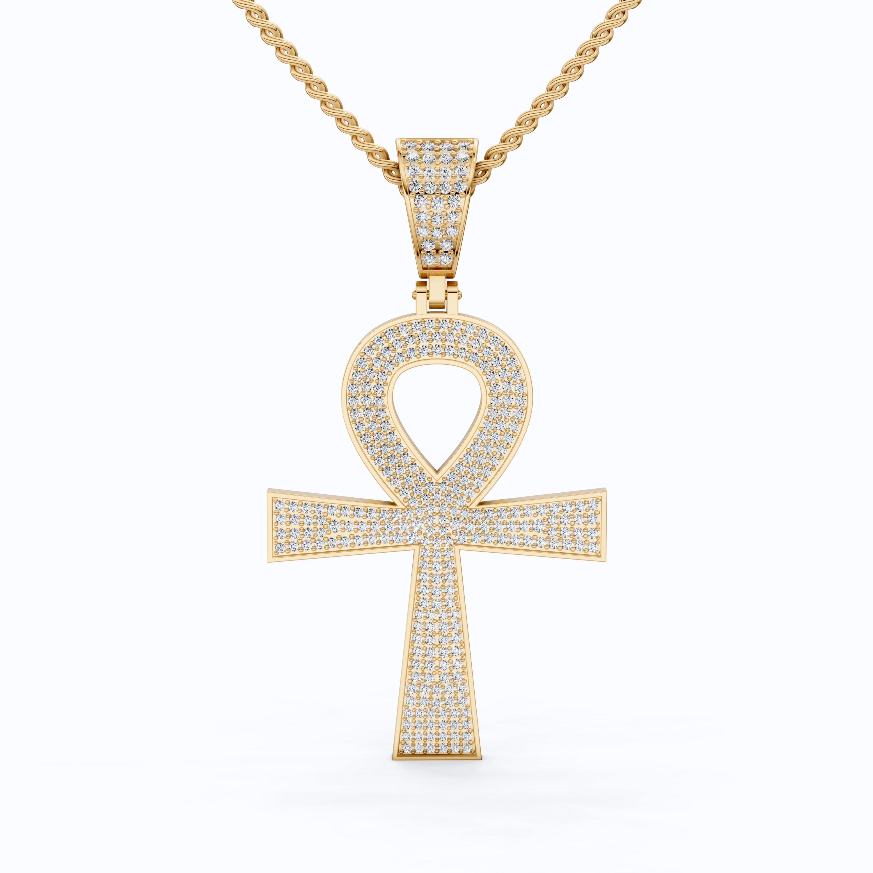 Modern Pavé Ankh Cross Pendant in 14k Solid Gold, 1.29 TCW Round Cut ...