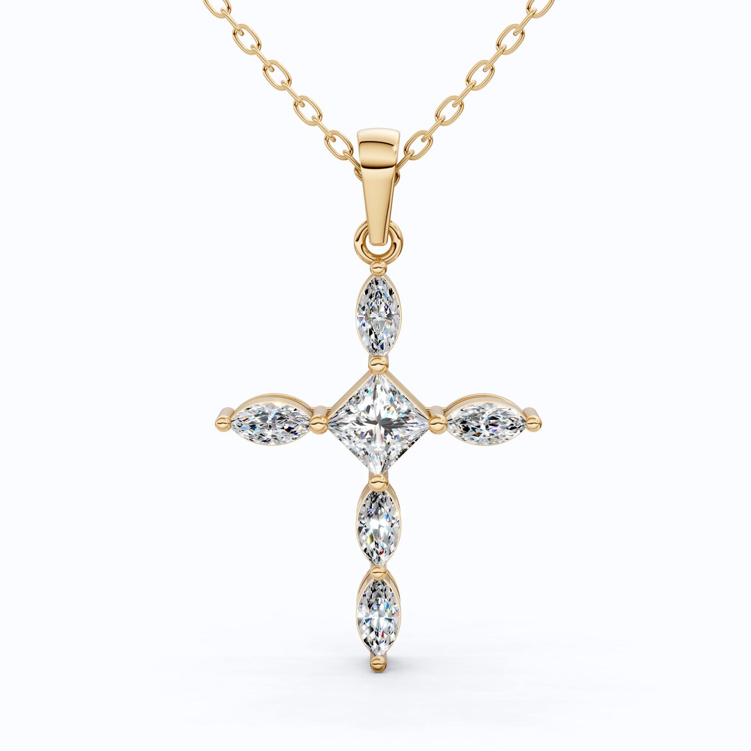 Modern Marquise & Princess Cut Cross Pendant in Lab Diamond – 14k Solid ...