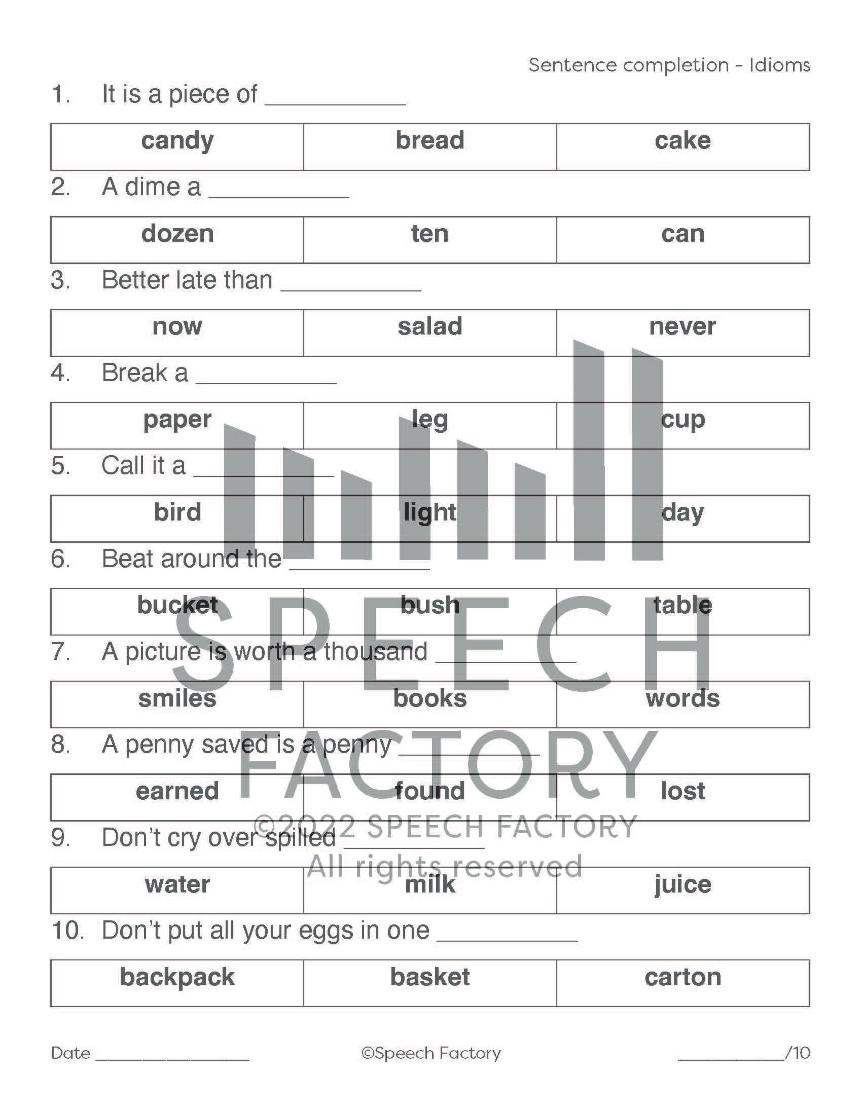 Sentence Completion Idioms - Speech and Language Worksheet - Etsy