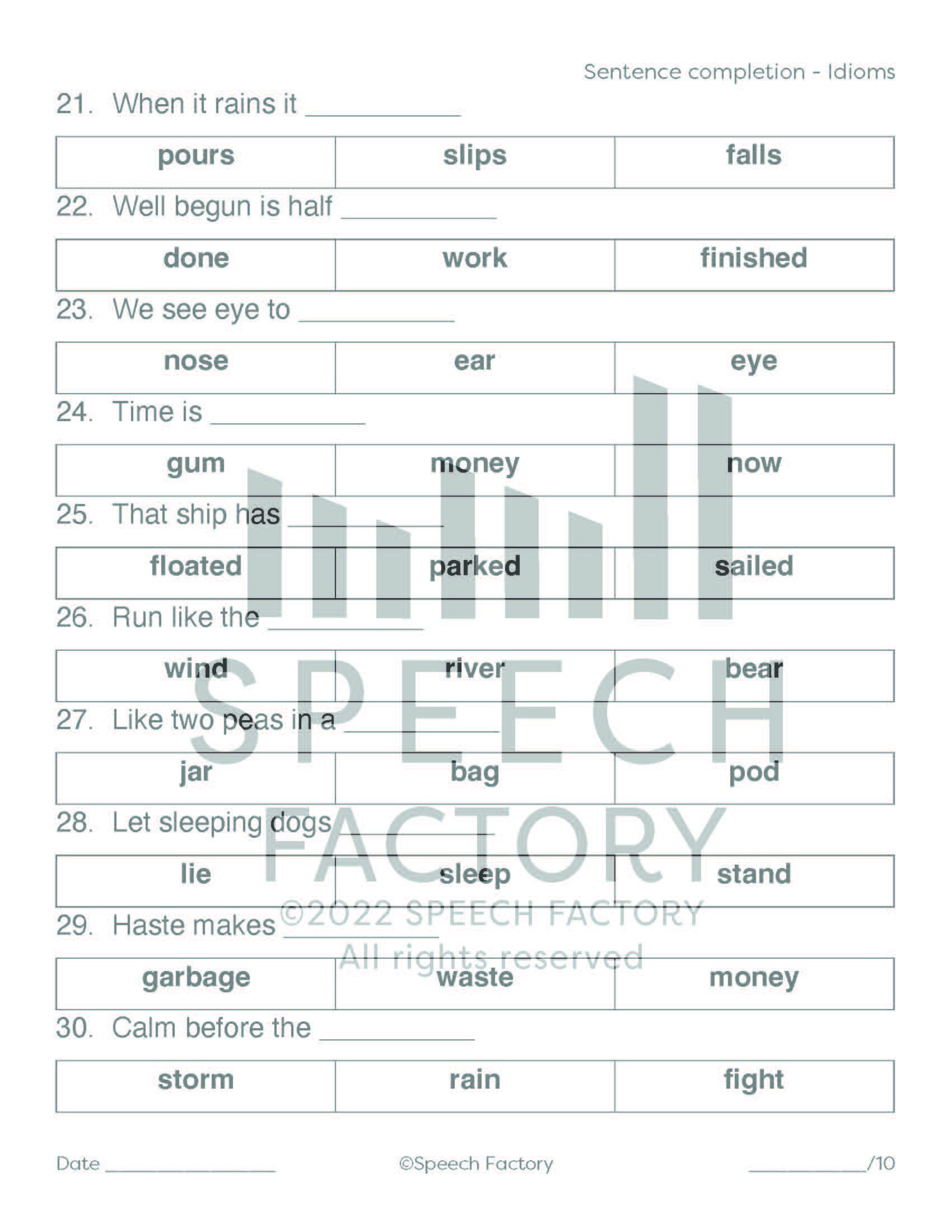 Sentence Completion Idioms - Speech and Language Worksheet - Etsy
