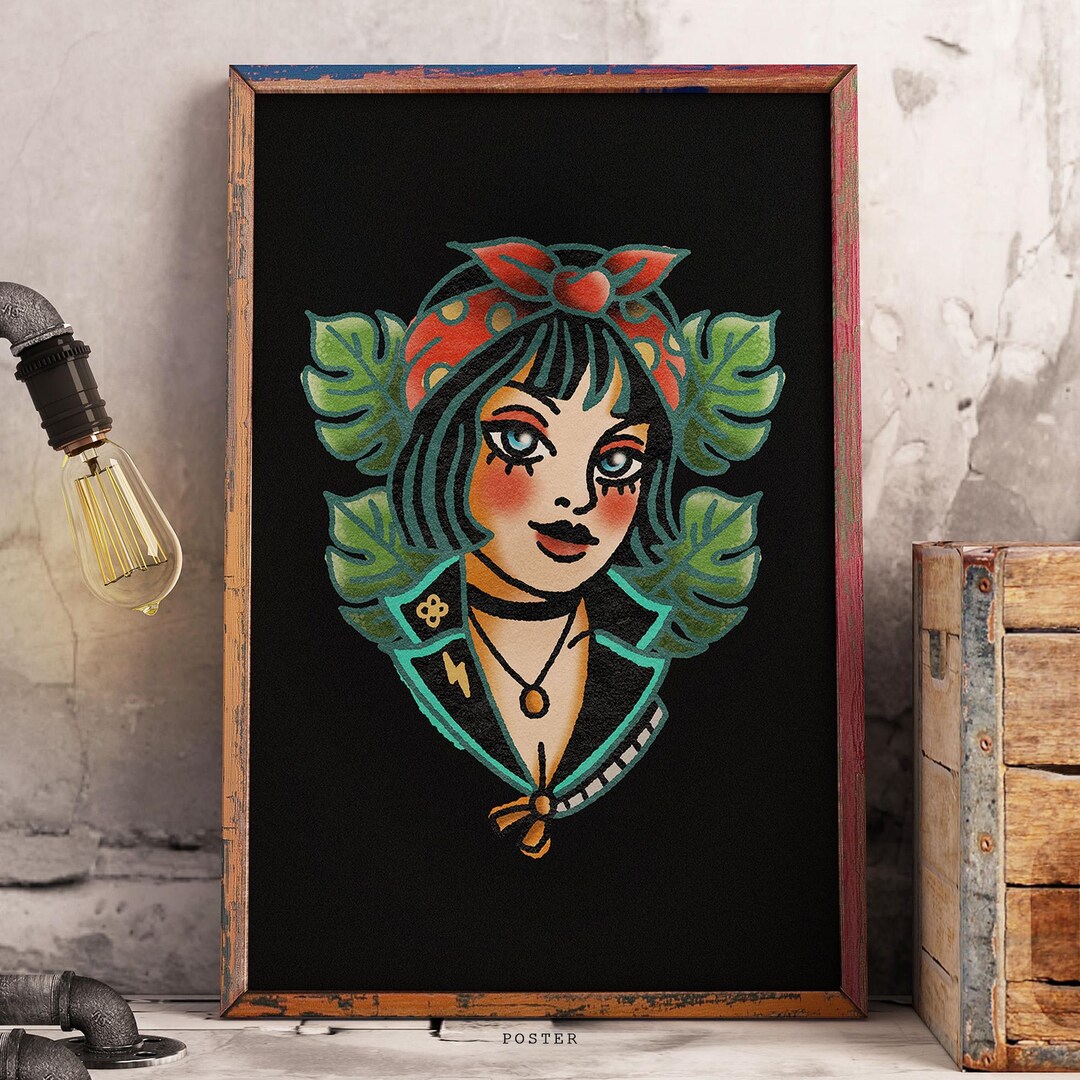 Old School Tattoo Flash Poster – Retro Pinup Woman Illustration ...