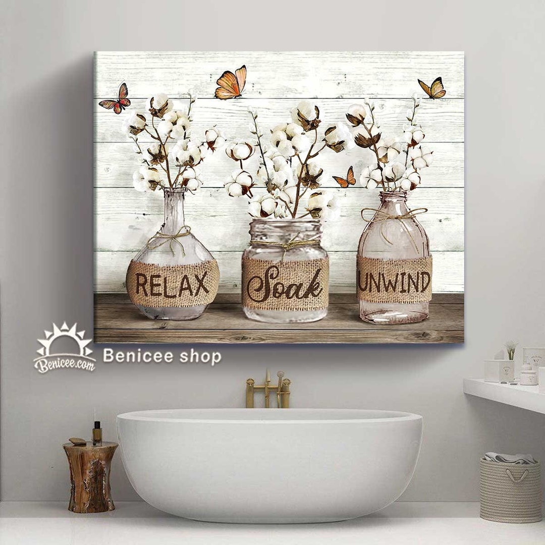 Farmhouse Bathroom Wall Art Relax Soak Unwind, Flower Jars Bathroom ...