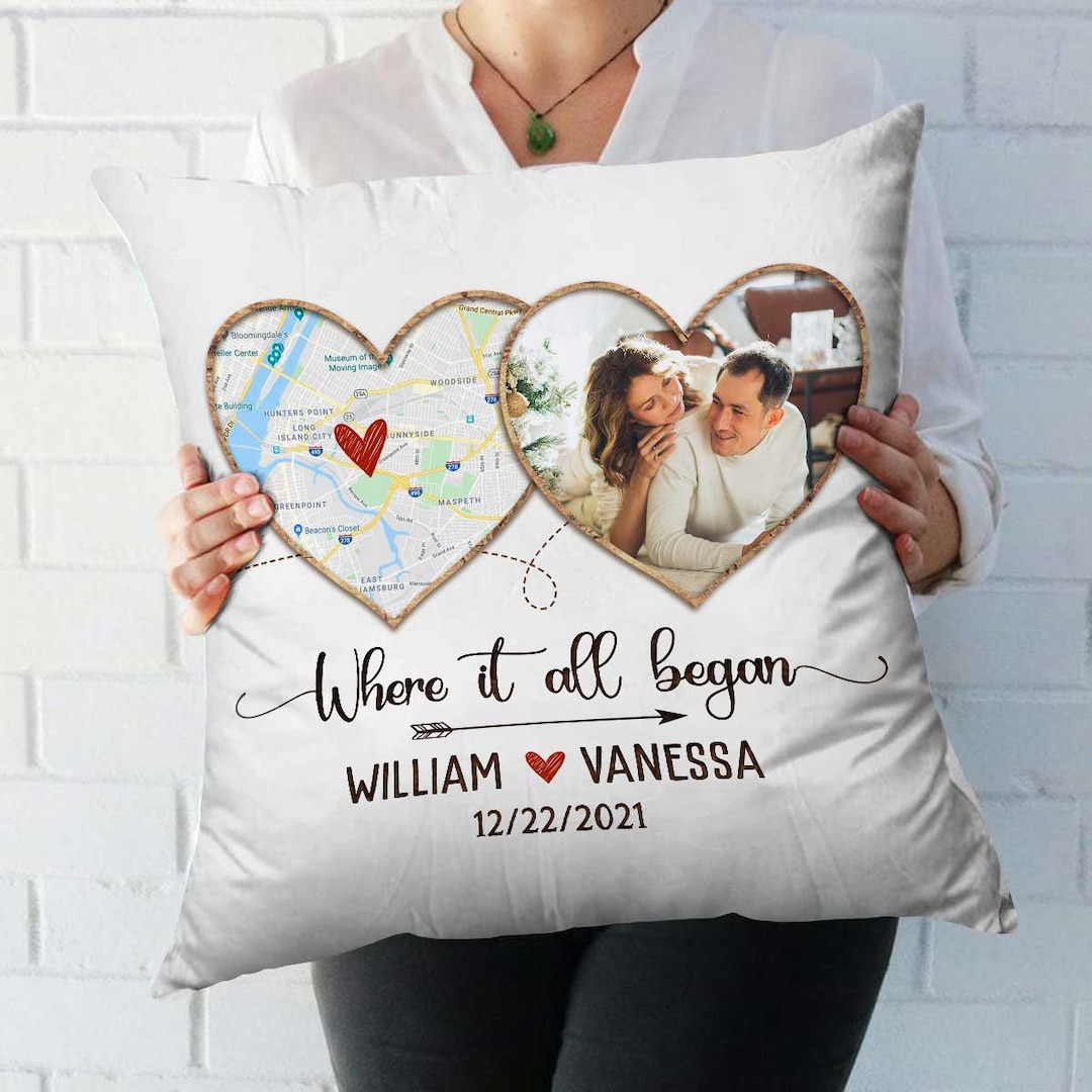 Personalized Couple Photo Pillow, Map Pillow, First Date Map Print ...