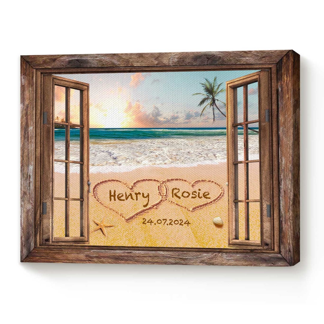Personalized Beach Canvas, Names in Sand, Coastal Anniversary Gift - Etsy