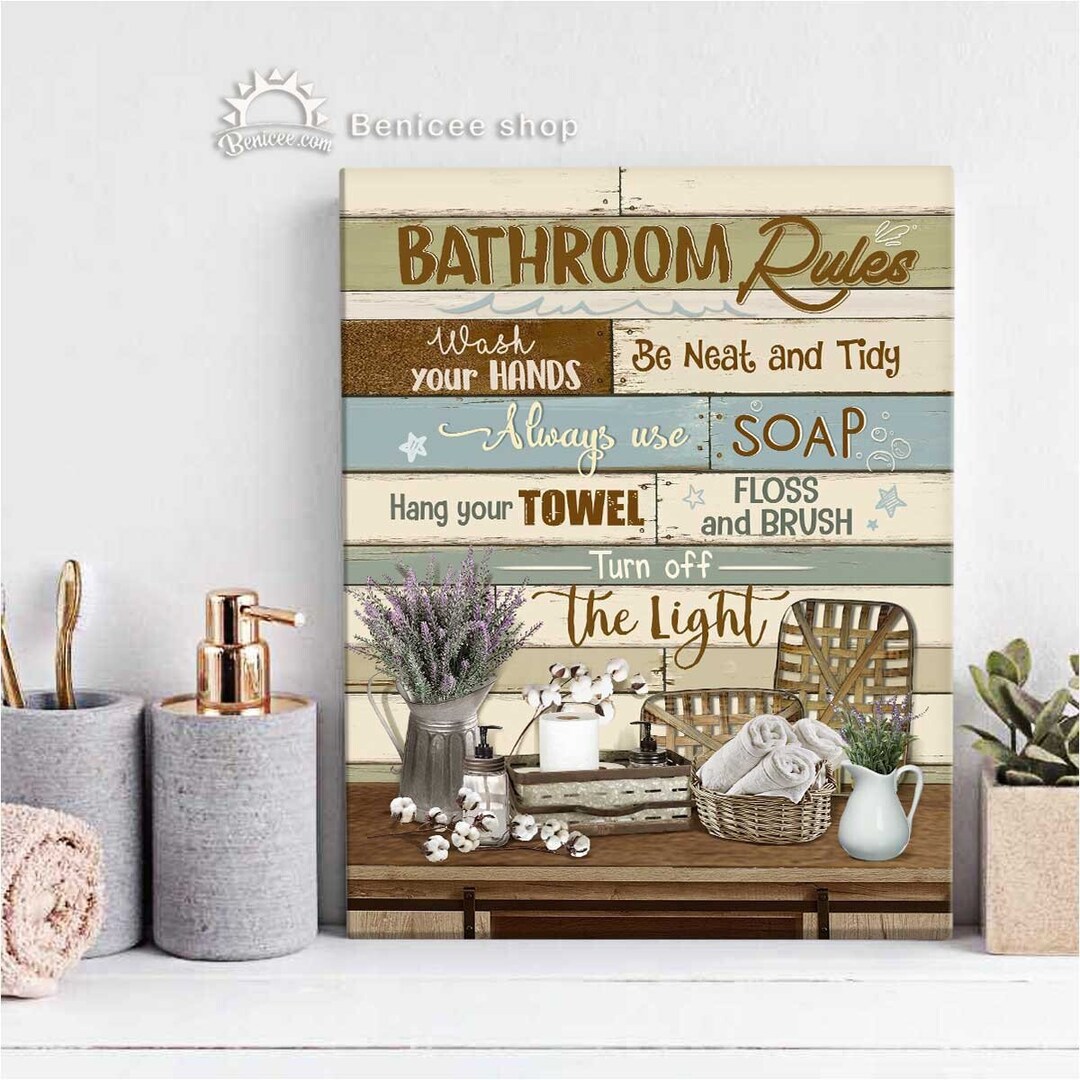 Bathroom Rules Canvas, Farmhouse Bathroom Wall Decor, Rustic Bathroom ...
