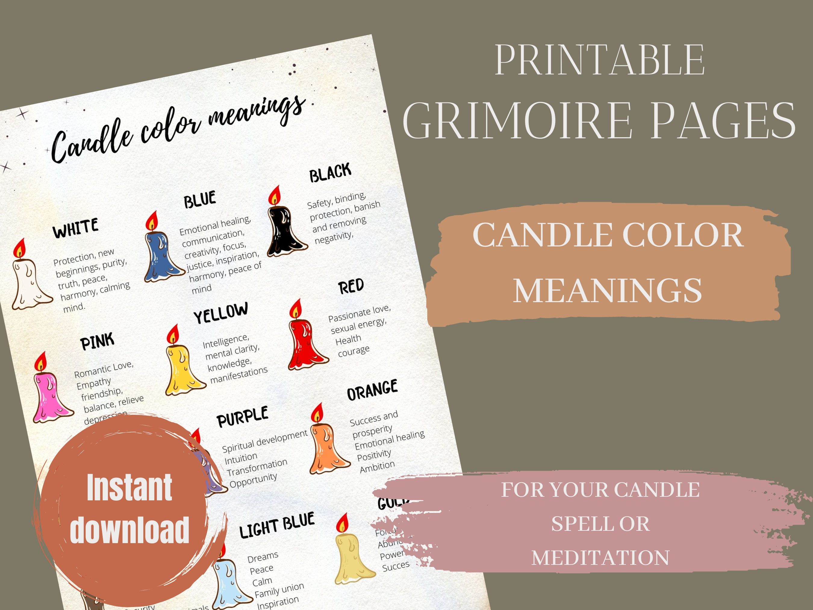 Candle Color Meanings Chart, Witchcraft Grimoire Pages (digital ...