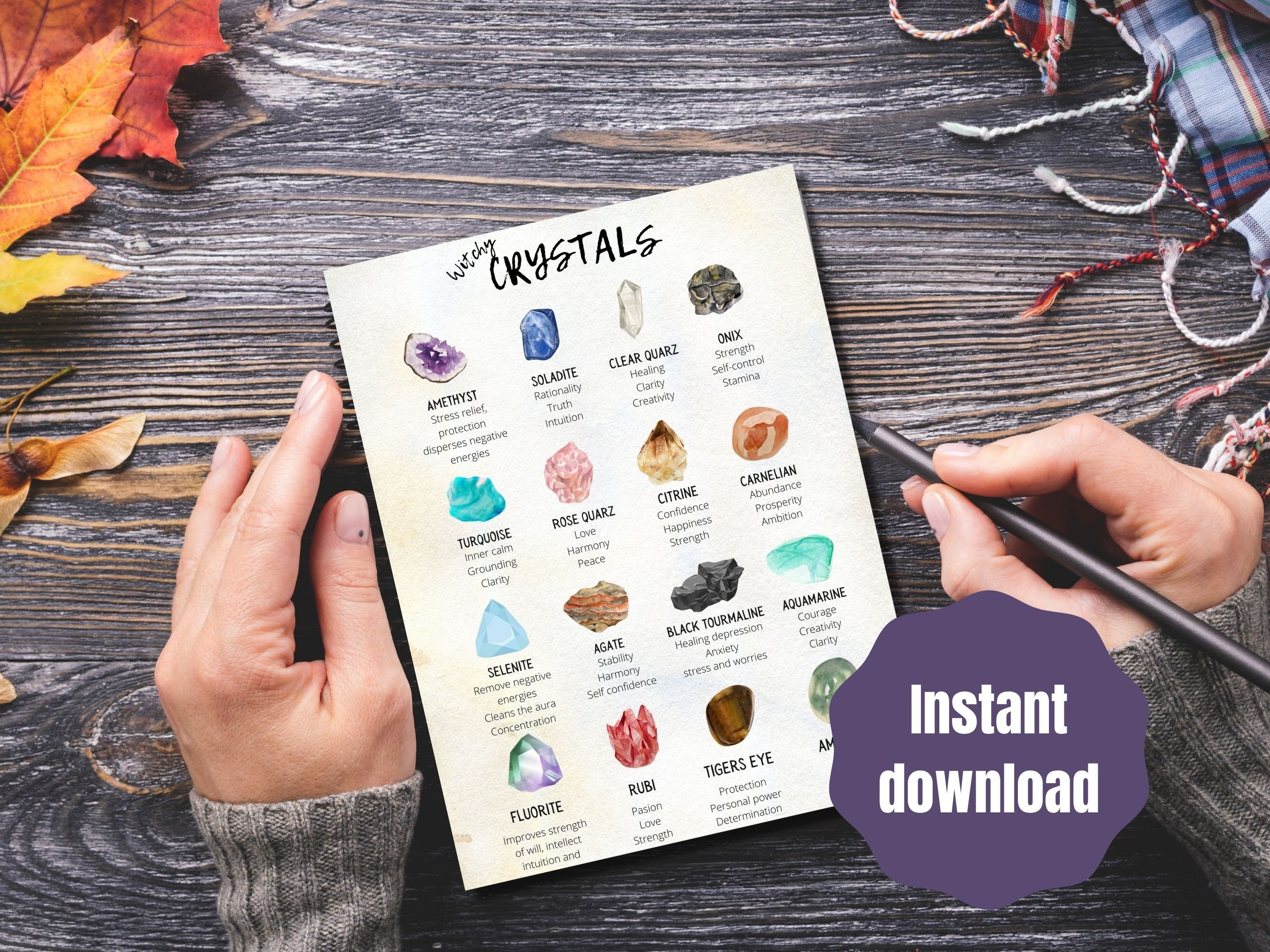 Crystal and Stone Chart Printable for Book of Shadows, Crystals Meaning ...