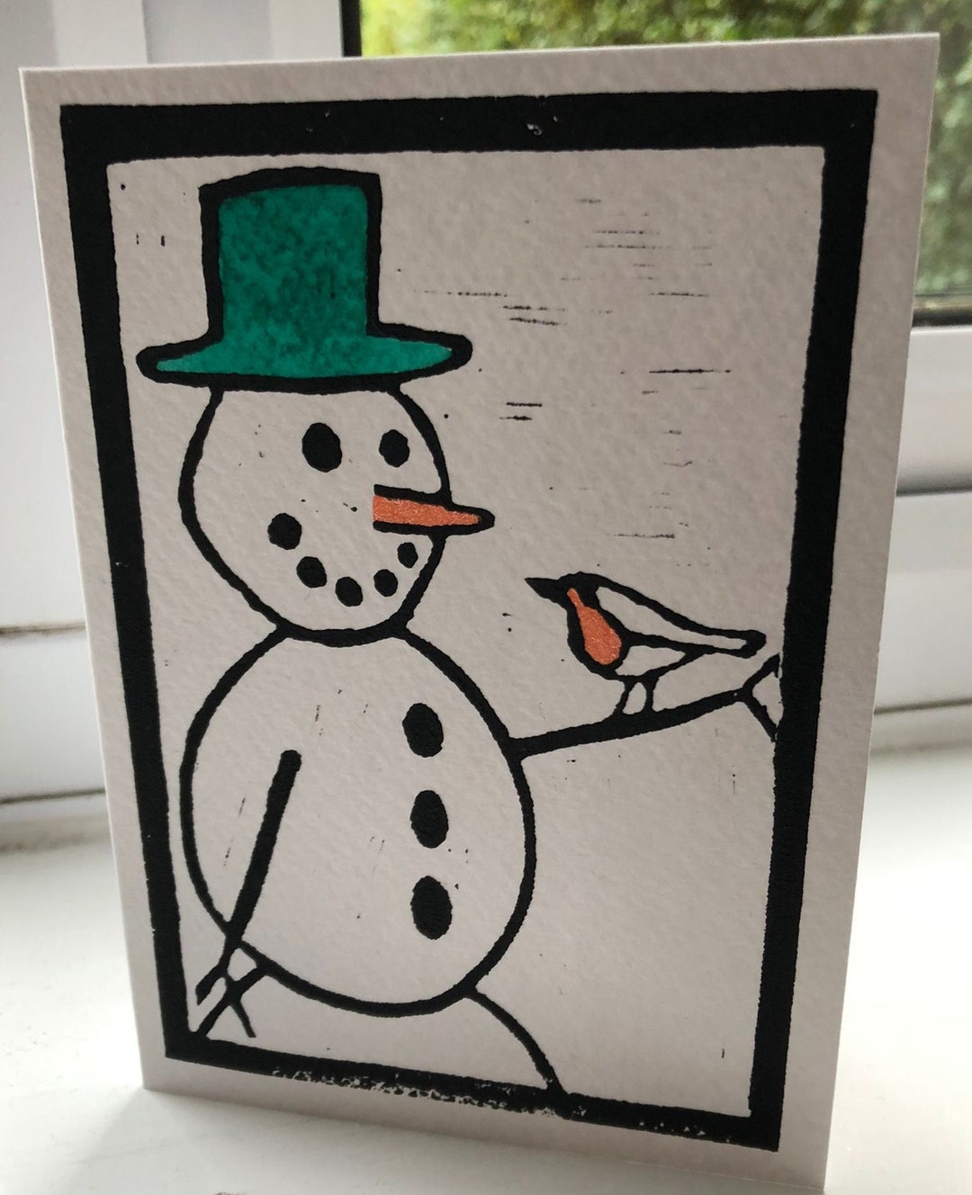 Christmas Winter Friends snowman and Robin Handmade Card Linocut Print ...